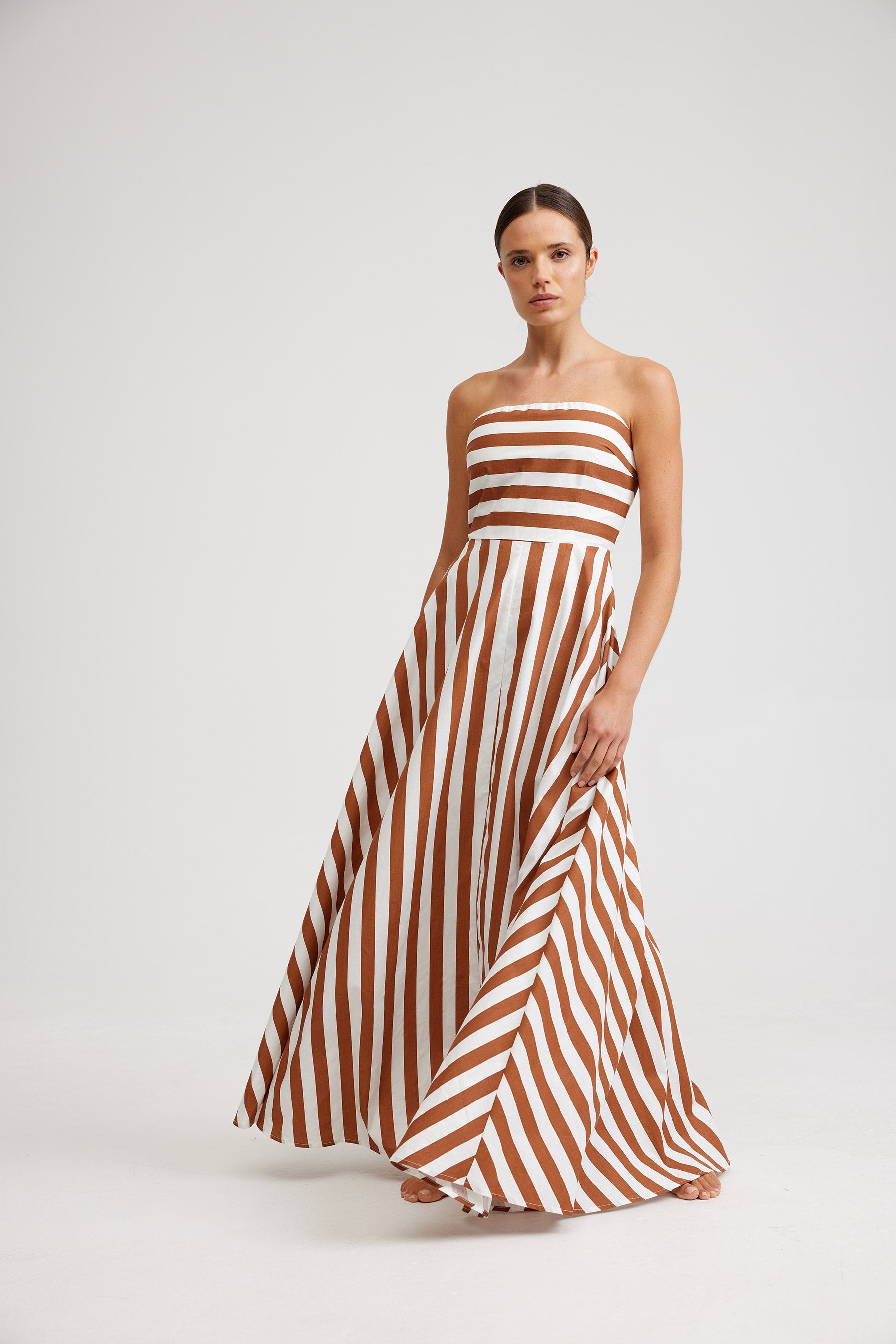 HAZEL DRESS IN CIGAR/OPTIC STRIPE – Aston Studio
